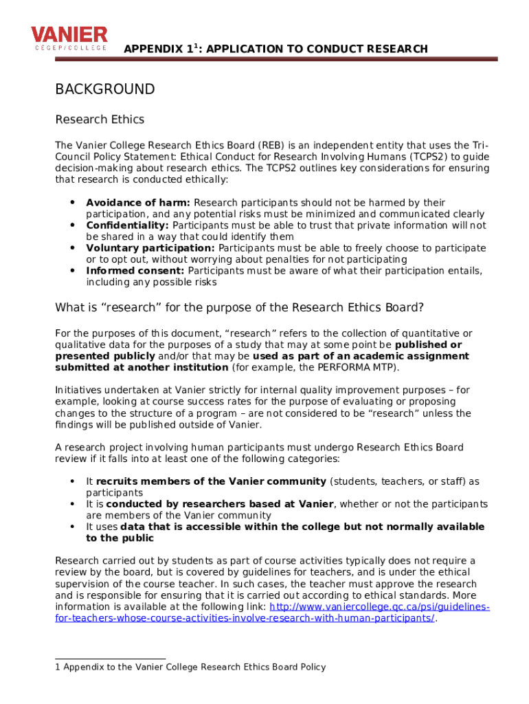 APPENDIX 1 : APPLICATION TO CONDUCT RESEARCH Doc Template | pdfFiller