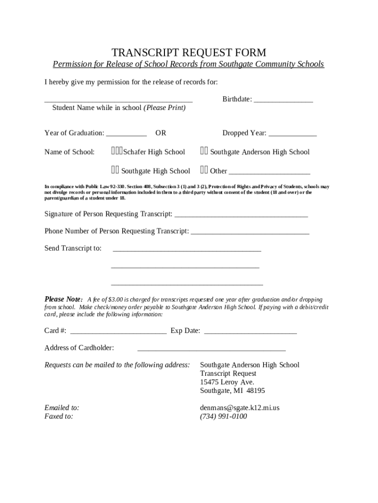 Permission for Release of School Records from Southgate Community ...