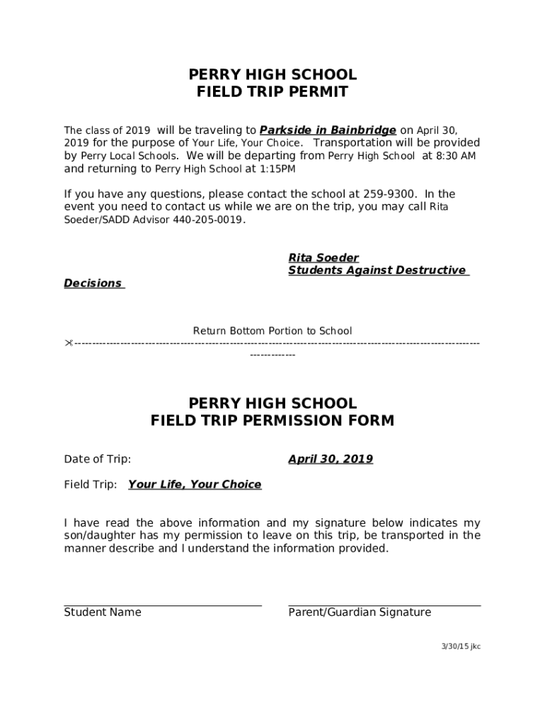 perry high school field trip permission Doc Template | pdfFiller