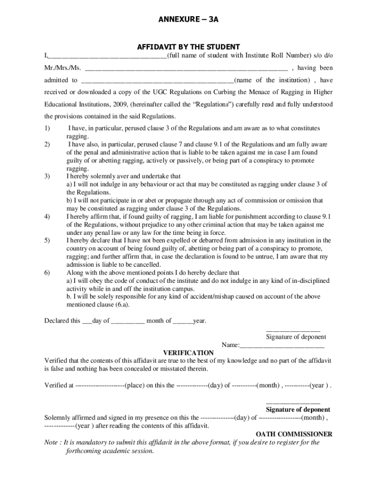 Fillable Online annexure - iii affidavit by the student - hostel Fax Email Print - pdfFiller