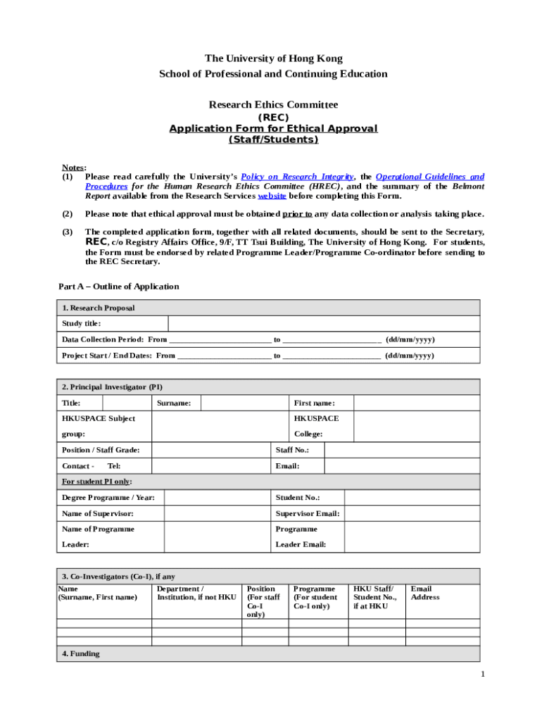 (REC) Application for Ethical Approval (Staff / Students) Doc Template | pdfFiller