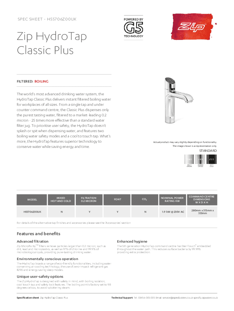 Fillable Online Zip Hydrotap G5 Classic Plus Boiling & Ambient (Residential) Fax Email Print ...