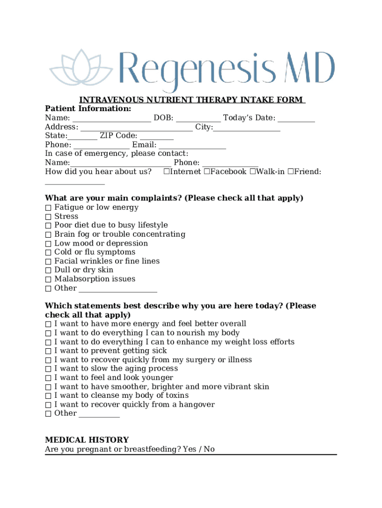 INTRAVENOUS (IV) INFUSION THERAPY INTAKE Doc Template | pdfFiller