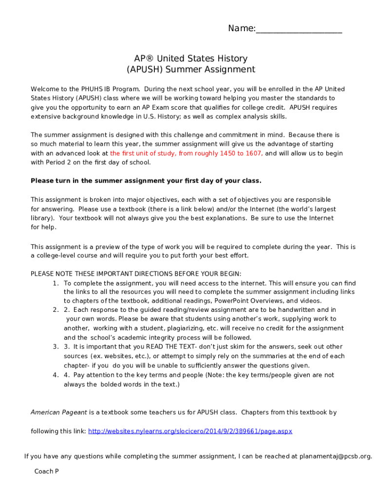 AP United States History (APUSH) Common Summer ... Doc Template | pdfFiller
