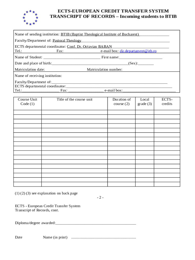 EUROPEAN CREDIT TRANSFER SYSTEM Transcript of ... Doc Template | pdfFiller