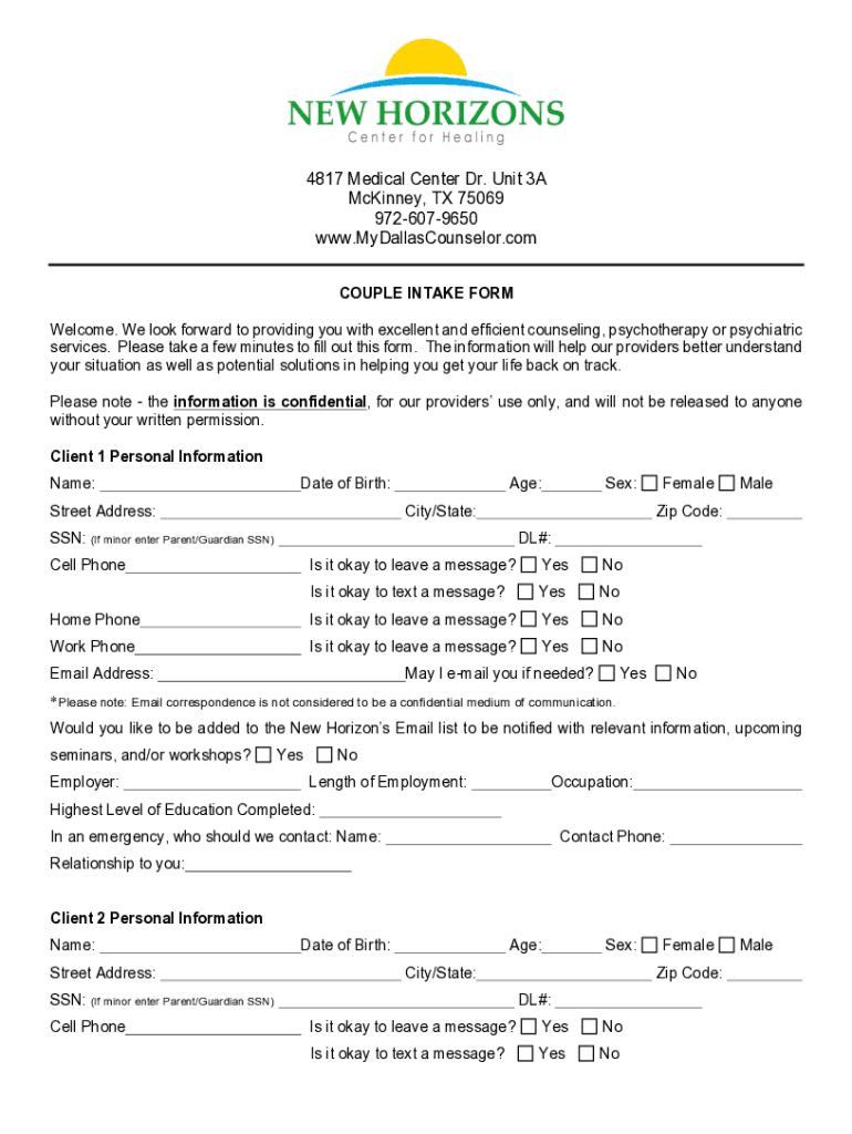 Fillable Online New Couple Intake Form .doc Fax Email Print - pdfFiller