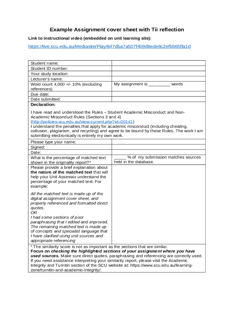 Example Assignment cover sheet with Tii reflection Doc Template | pdfFiller