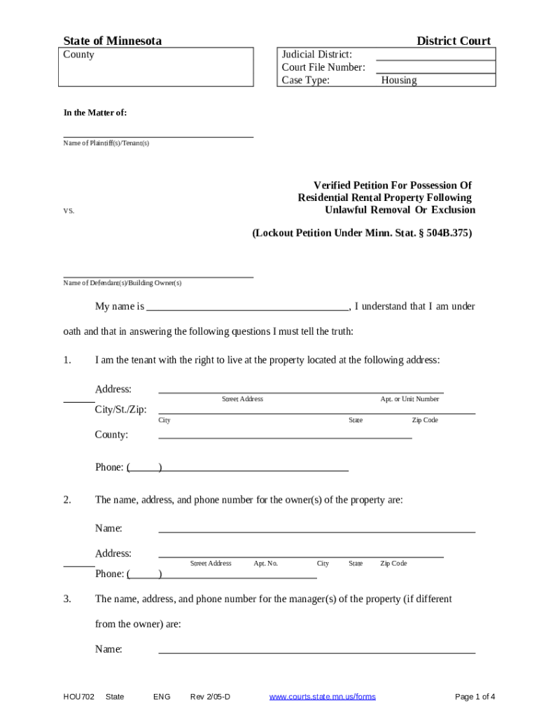 State of Minnesota District Court Verified Petition for ... Doc Template | pdfFiller
