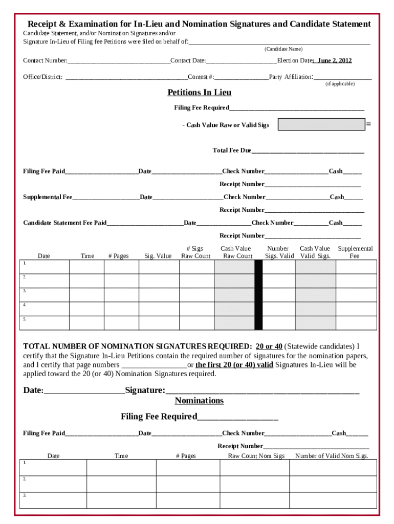 Receipt & Examination for In-Lieu and Nomination Signatures and ...