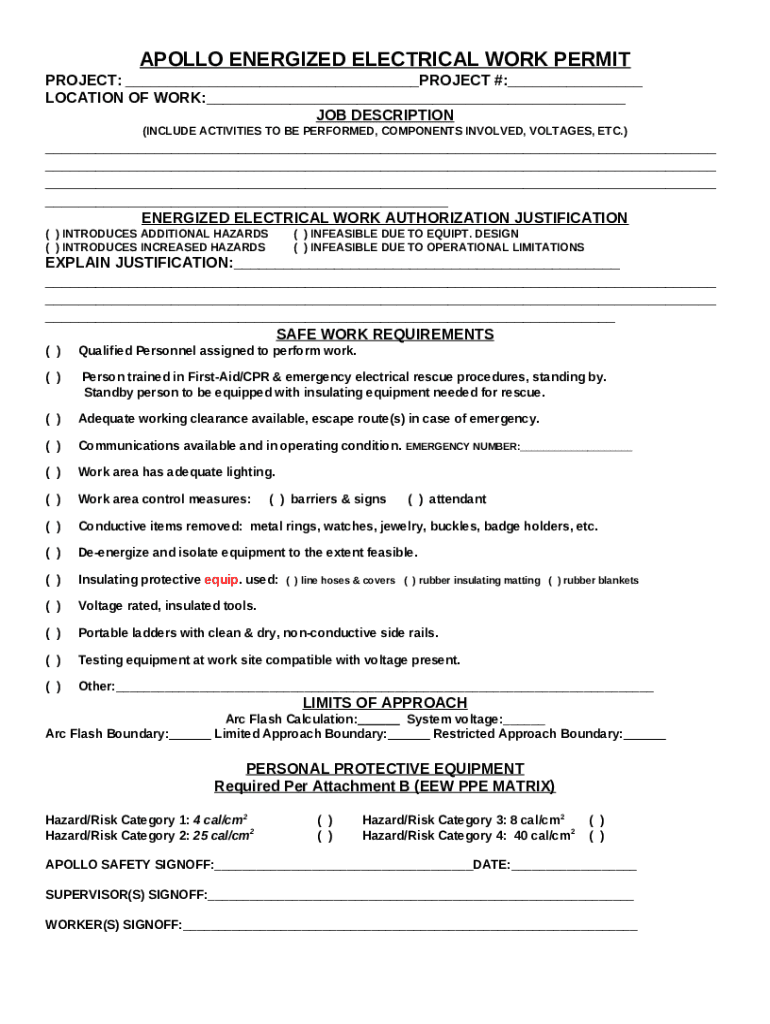 apollo energized electrical work permit Doc Template | pdfFiller