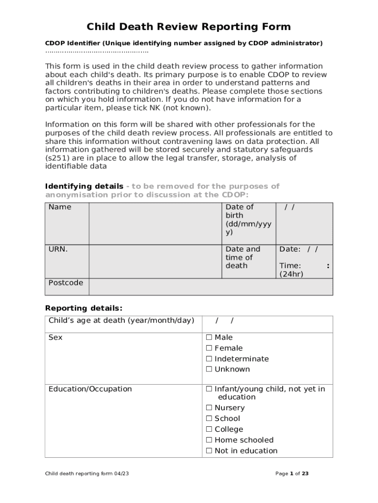 Section One: Child Death Review Doc Template | pdfFiller