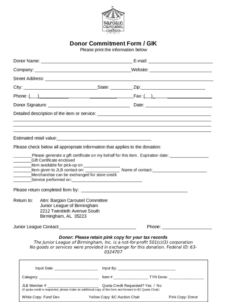 Donor Commitment / GIK Doc Template | pdfFiller