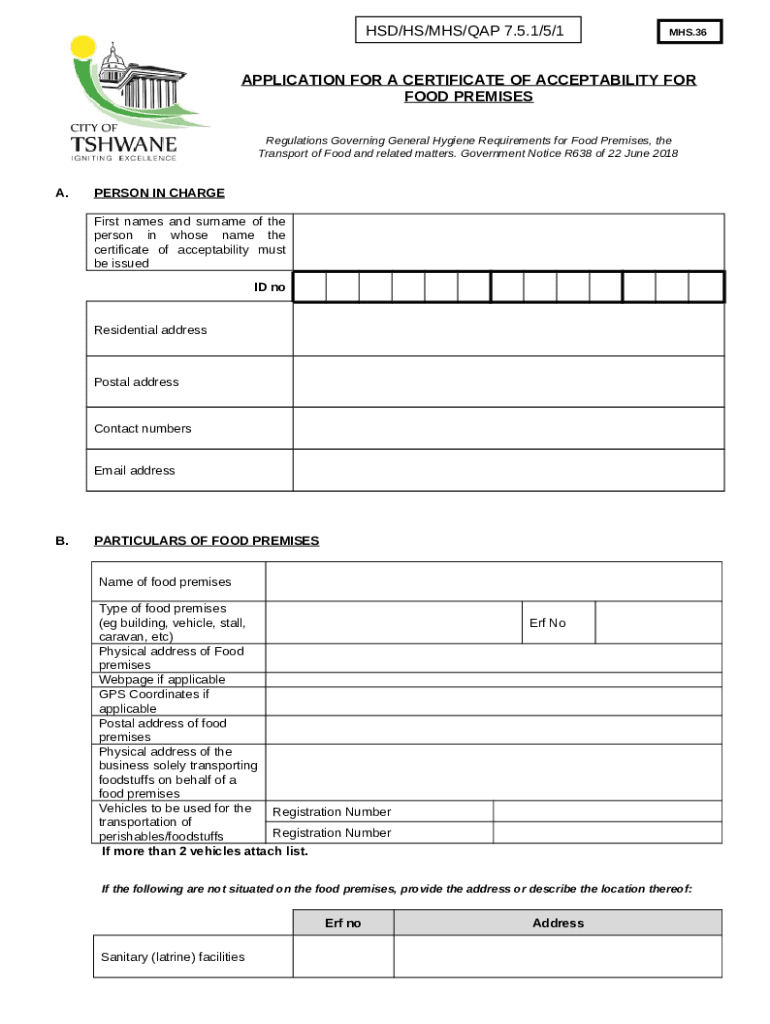 Certificate Of Acceptability Application Johannesburg ... Doc Template | pdfFiller