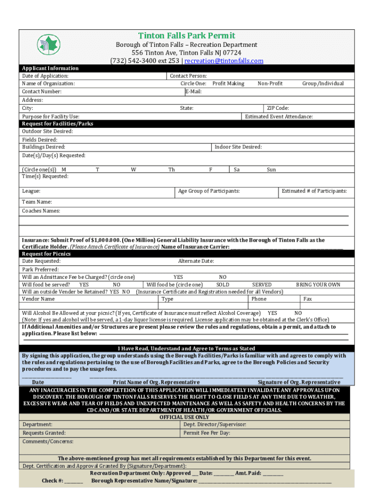 Fillable Online Tinton Falls, NJ - Park Form Fax Email Print - pdfFiller