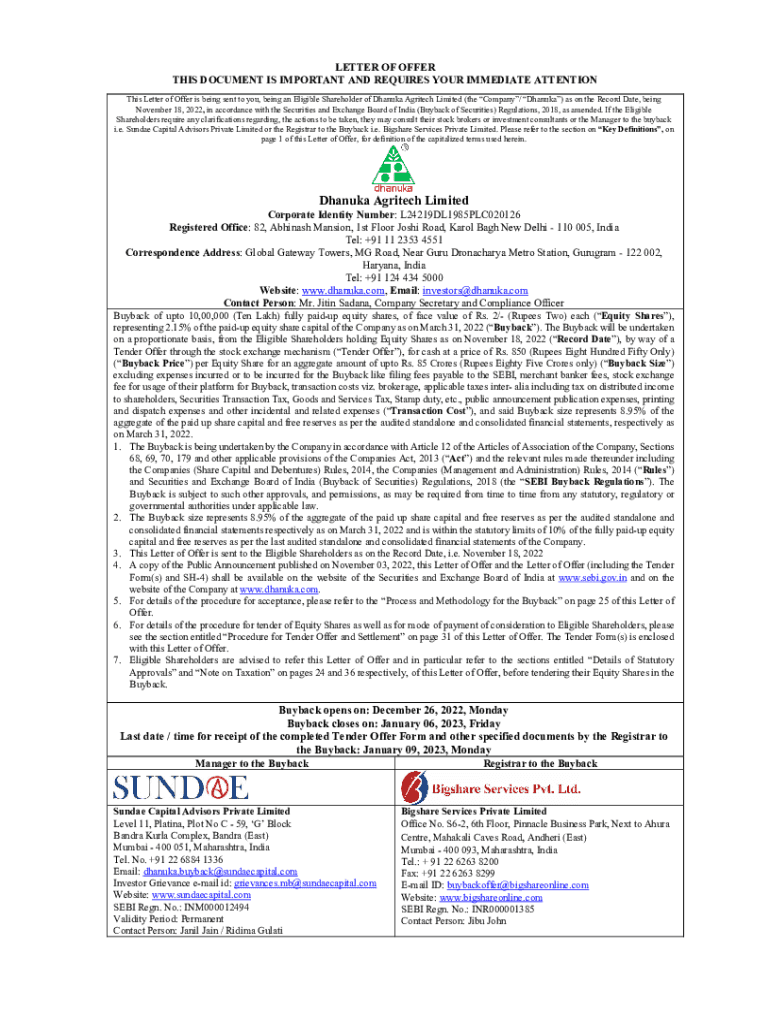 Fillable Online Updates On Buyback Offer (Letter of Offer) (Company ...