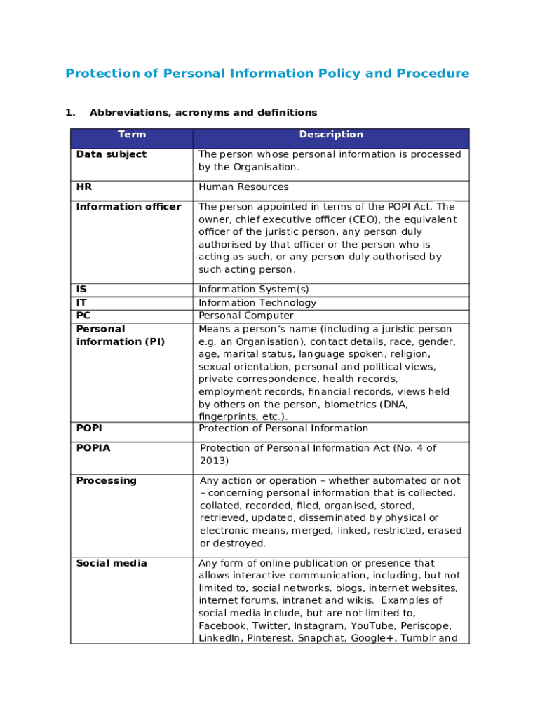 Protection of Personal Ination Policy and Procedure Doc Template ...