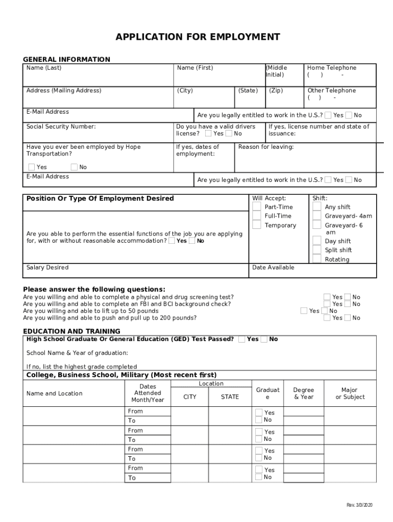 APPLICATION FOR EMPLOYMENT - Hope Transportation Doc Template | pdfFiller
