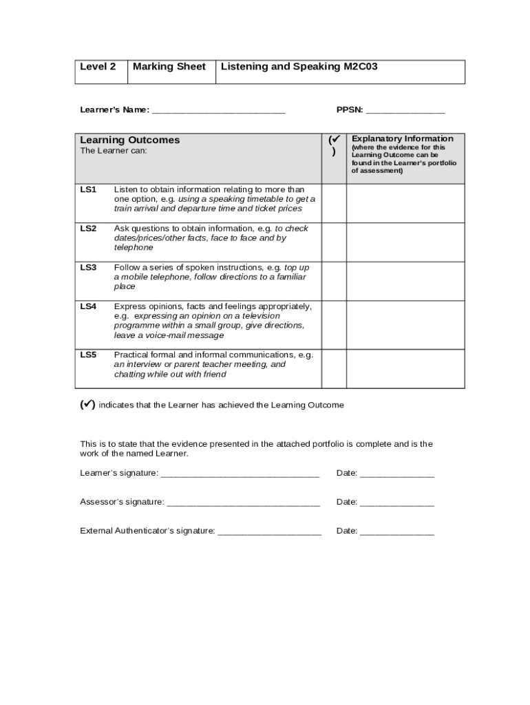 Listening and Speaking M2C03 Learner Marking Sheet Doc Template | pdfFiller