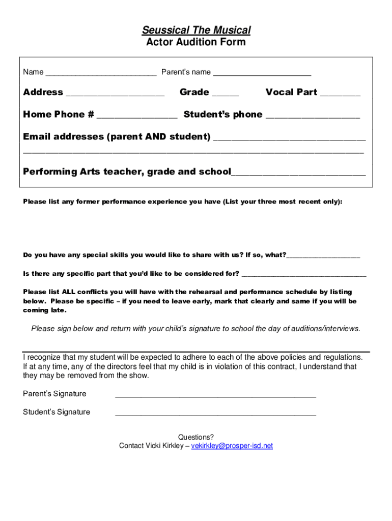 Fillable Online Seussical Jr. the Musical Audition Form Fax Email Print ...