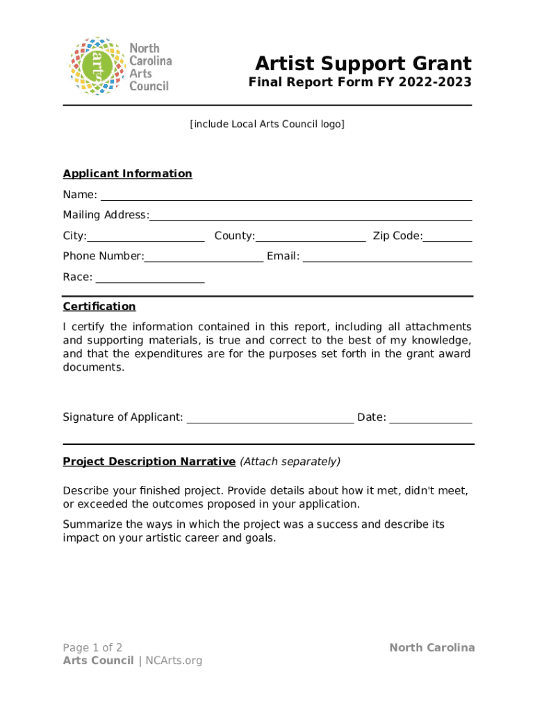 Artist Support Grant Final Report FY 2022-2023 Doc Template | pdfFiller