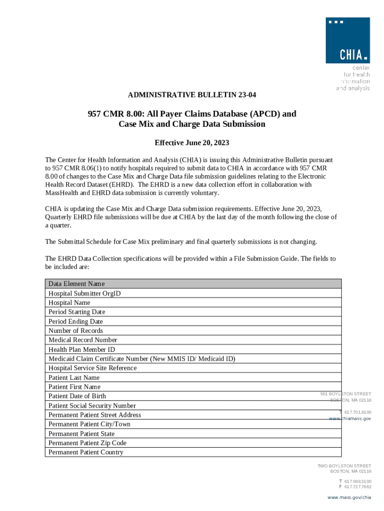 957 CMR 8.00: All Payer Claims Database (APCD) and ... Doc Template | pdfFiller