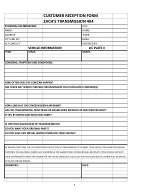 Fillable Online NEW CUSTOMER RECEPTION FORM (1) - Zach's Transmission ...