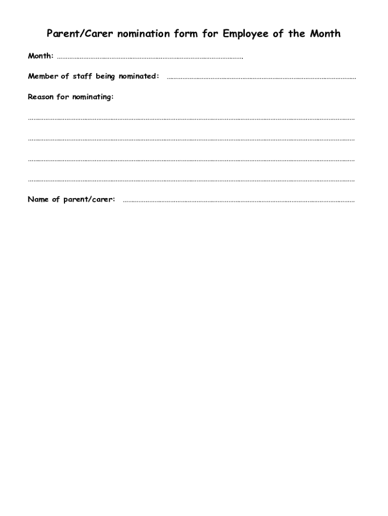 Fillable Online Parent/Carer nomination form for Employee of the Month ...