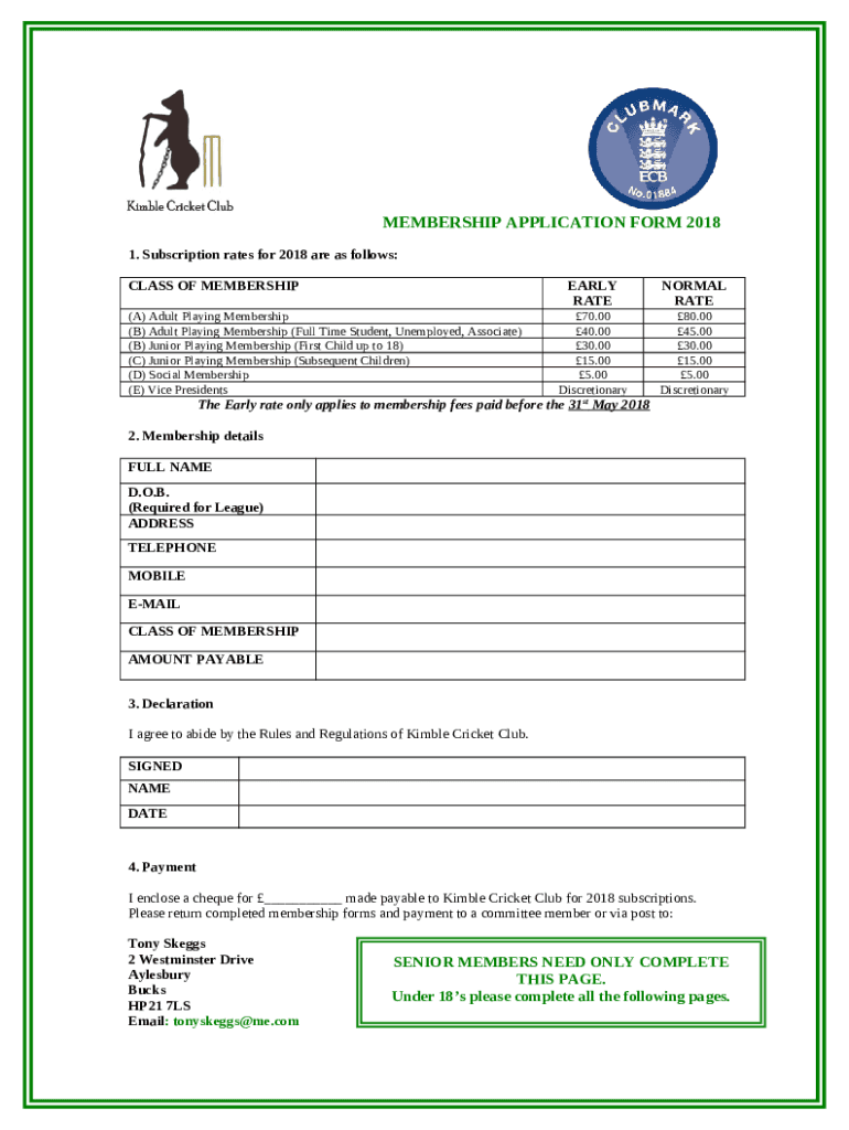 KIMBLE CRICKET CLUB MEMEBRSHIP Doc Template | pdfFiller