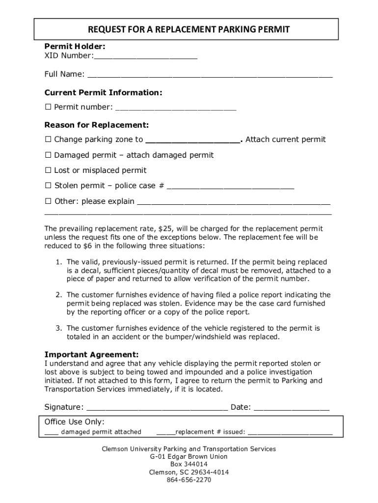 Fillable Online media clemson REQUEST FOR A REPLACEMENT PARKING PERMIT Fax Email Print - pdfFiller