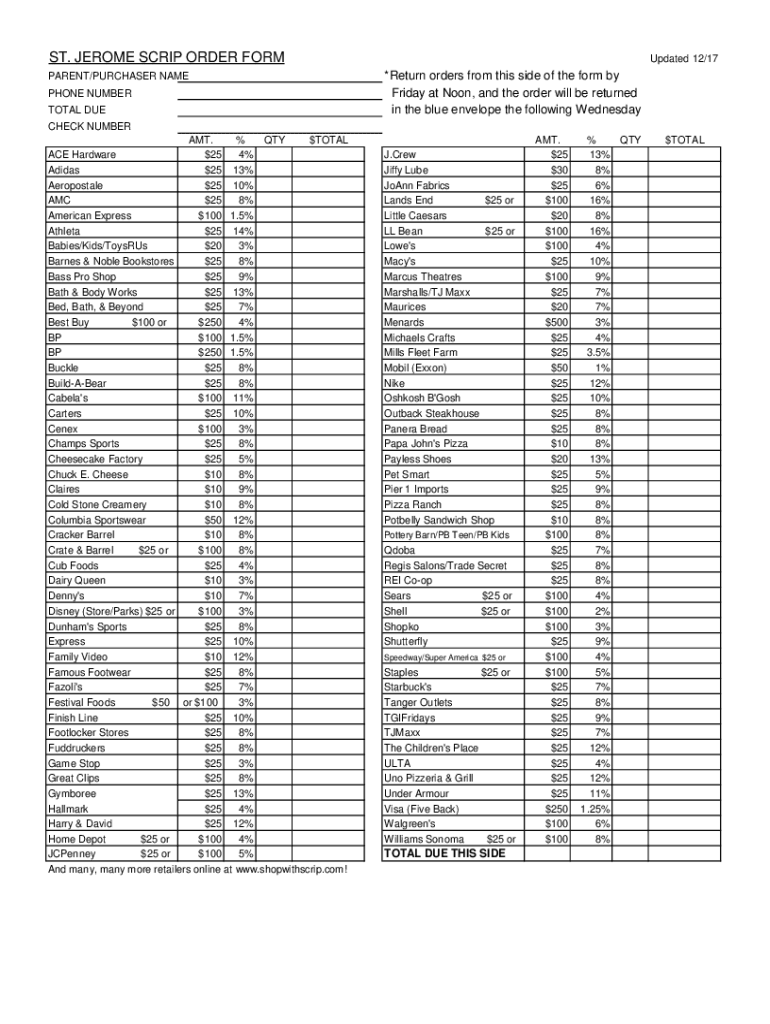 Fillable Online St. Dunstan Catholic School Scrip Program Order Form Fax Email Print - pdfFiller