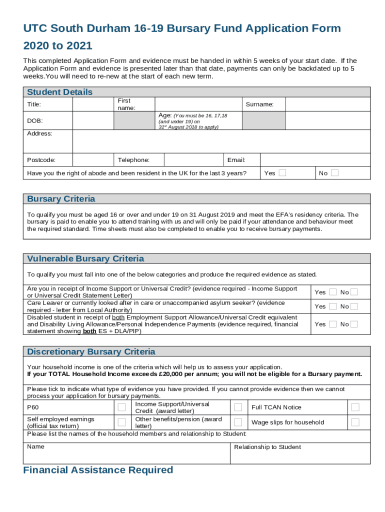 UTC South Durham 16-19 Bursary Fund Application Doc Template | pdfFiller