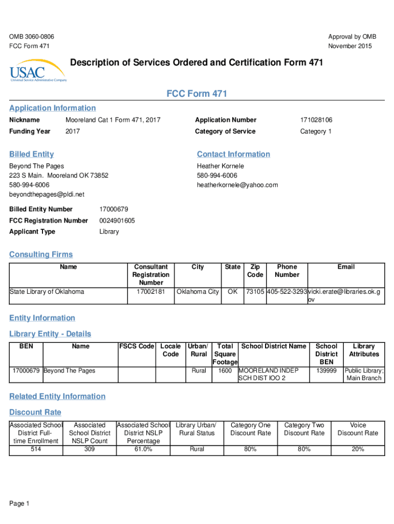 Fillable Online Mooreland Cat 1 Form 471, 2017 Fax Email Print - pdfFiller