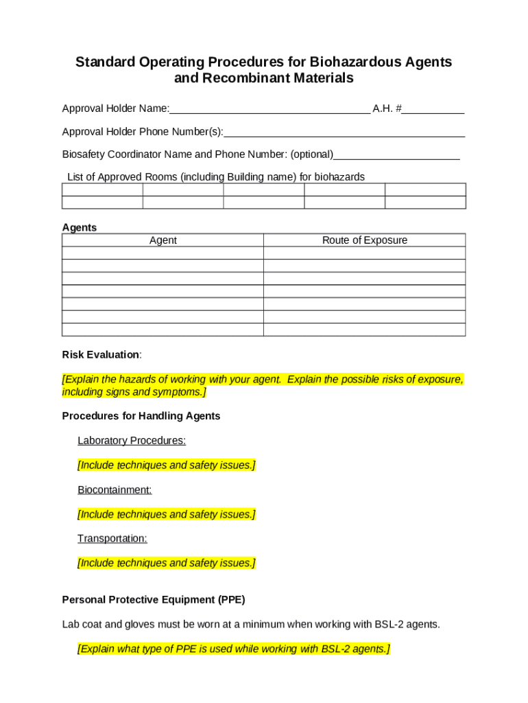 Policies and Procedures for Work with Biohazardous Agents Doc Template ...