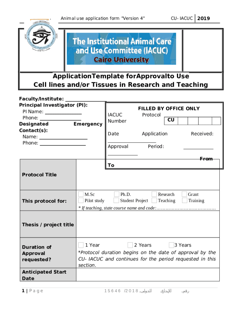 Animal use application "Version 4"CU- IACUC Doc Template | pdfFiller