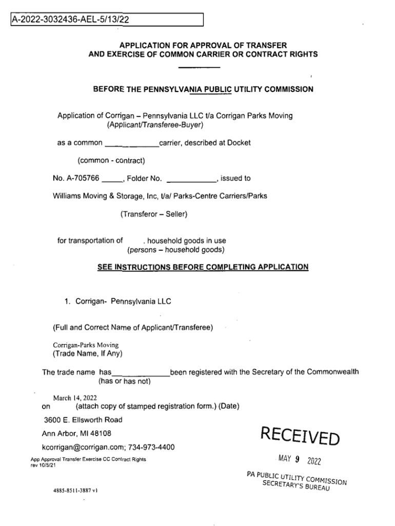 Fillable Online APPLICATION FOR APPROVAL OF TRANSFER Fax Email Print - pdfFiller