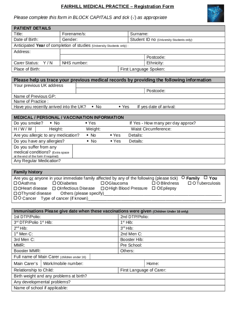 FAIRHILL MEDICAL PRACTICE - Registration Doc Template | pdfFiller