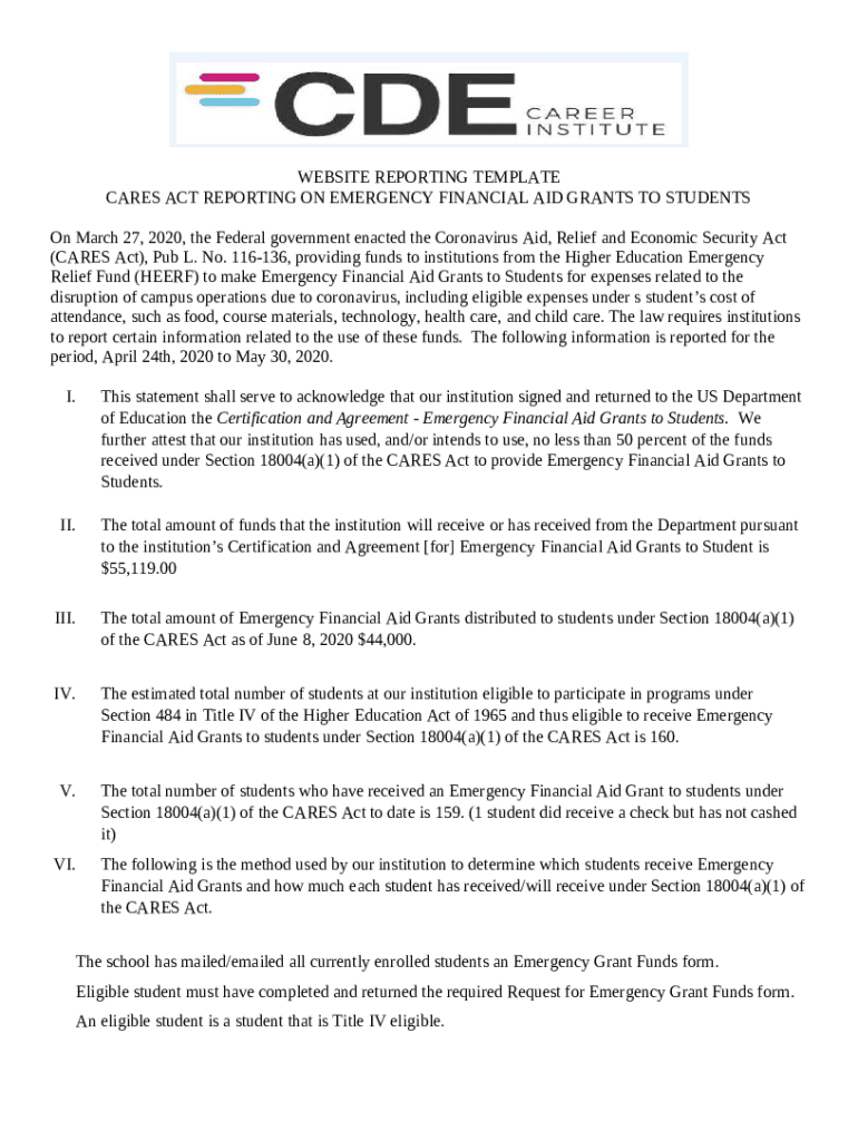 HEERF CARES Grant Initial Student Report Doc Template | pdfFiller