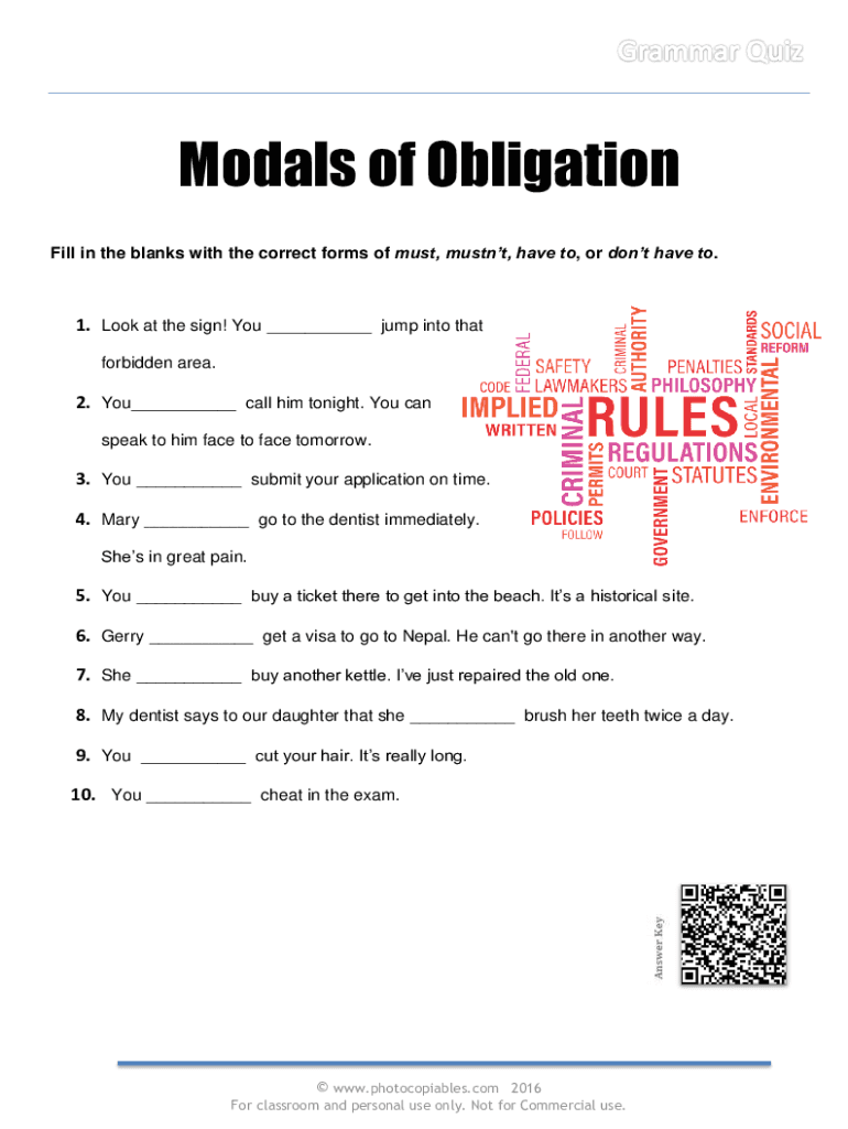 Fillable Online Activity. Modals of obligations. Fill in the blank with ... Fax Email Print ...