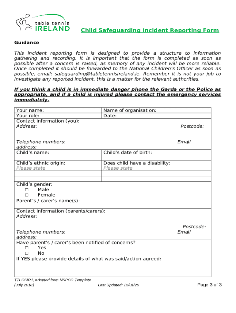 Child Safeguarding Incident Reporting Doc Template | pdfFiller