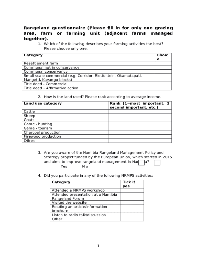 Rangeland questionnaire (Please fill in for only one grazing area, farm ...