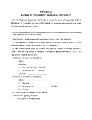 Fillable Online Appendix 2H format of pre-shipment inspection ...