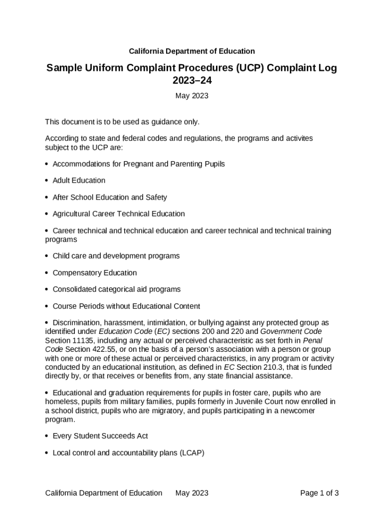 Sample UCP Complaint Log for UCP 3 Doc Template | pdfFiller