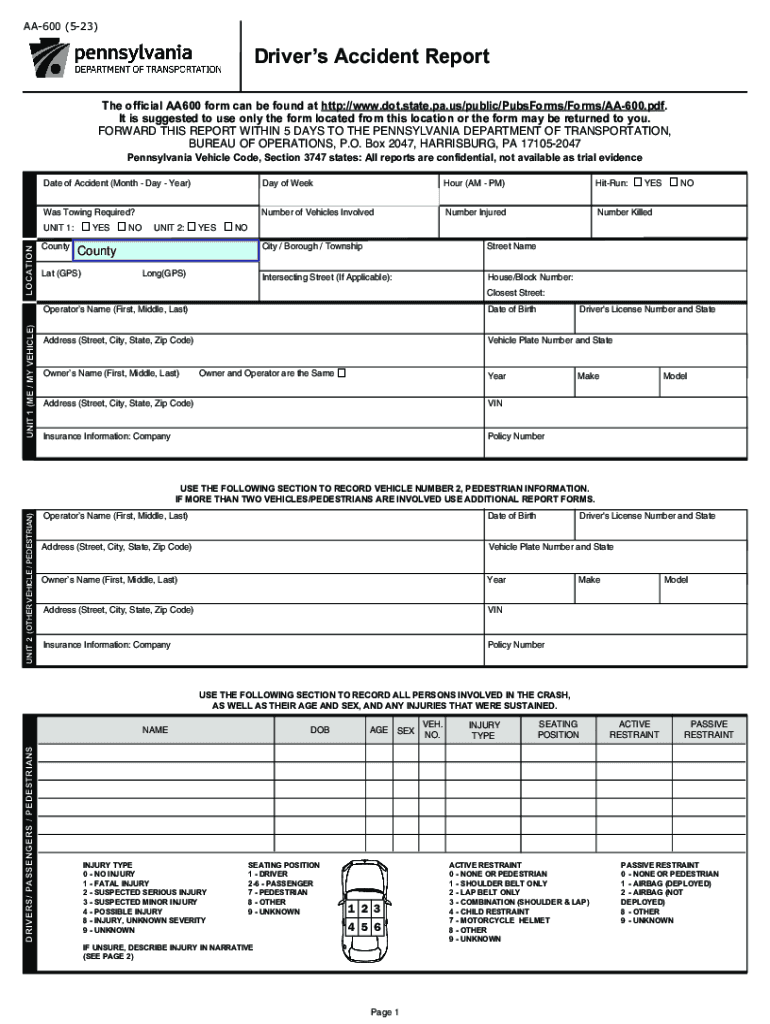Fillable Online Pennsylvania Driver's Accident Report Form (AA-600 ...