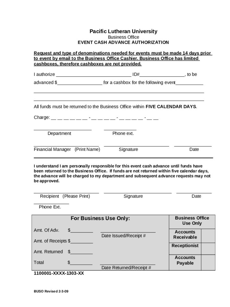 Event Cash Advance Authorization Doc Template | pdfFiller