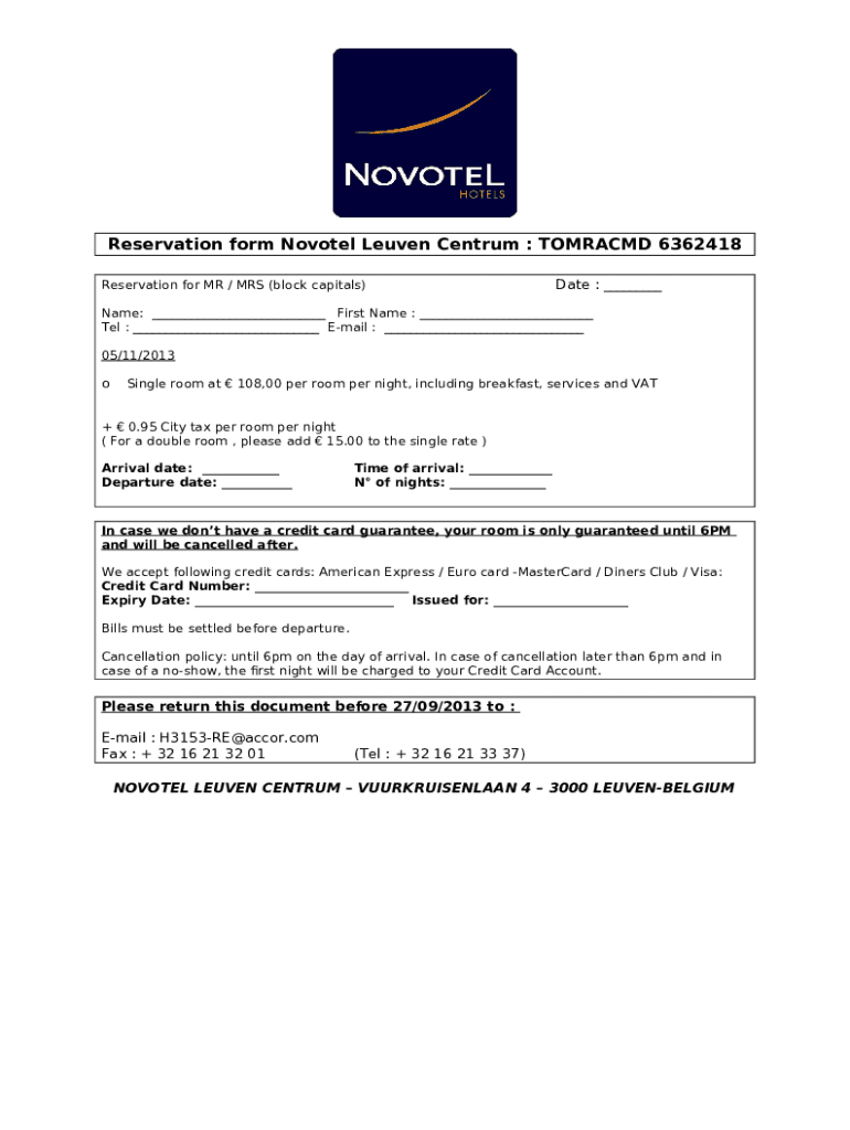 Novotel Frankfurt City Reservation EO Doc Template | pdfFiller
