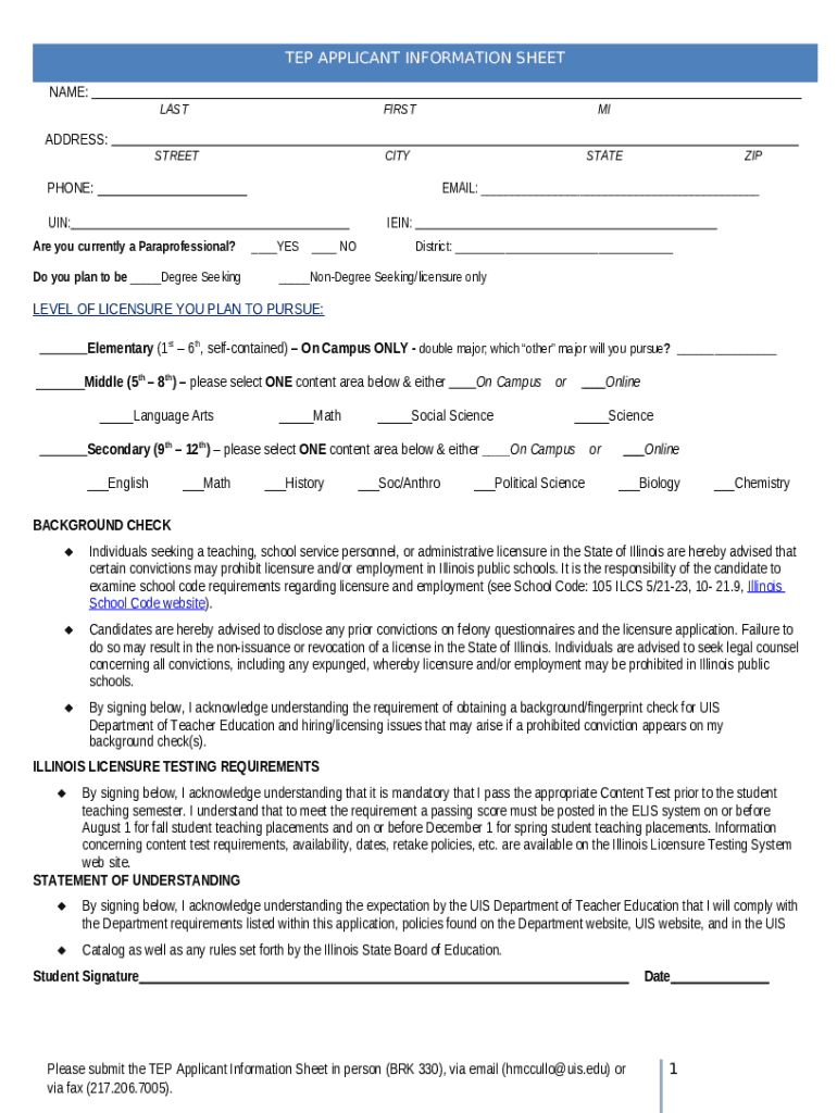 TEP Applicant ination sheet Doc Template | pdfFiller