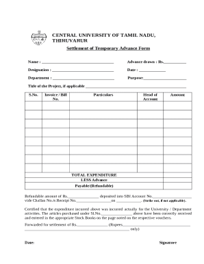 Settlement of Temporary Advance Doc Template | pdfFiller