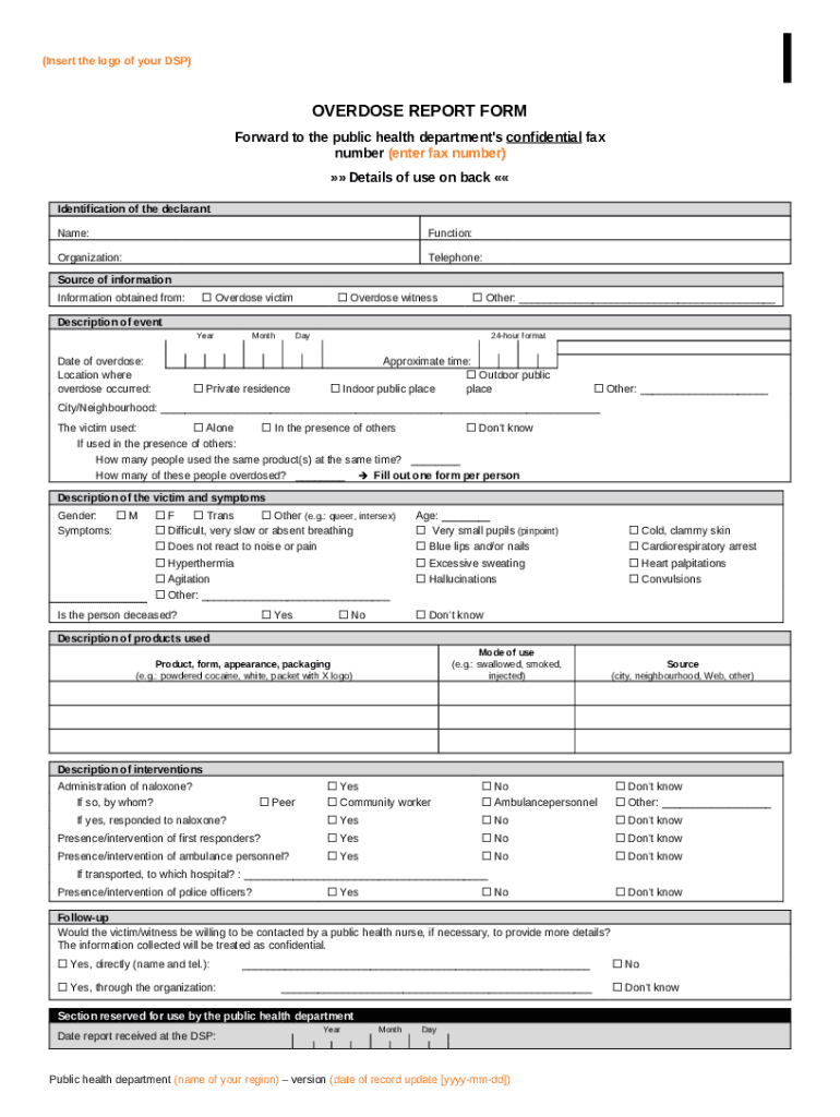 Overdose report for health professionals Doc Template | pdfFiller