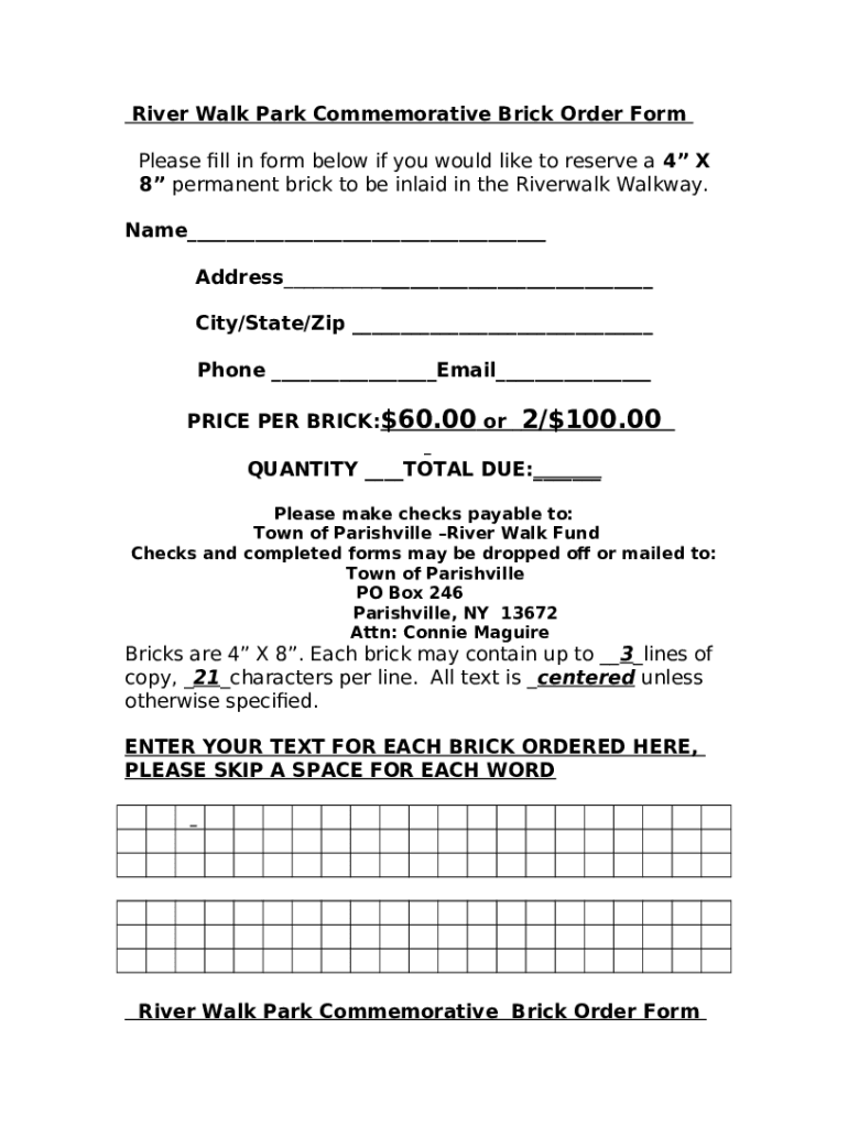 River Walk Park Commemorative Brick Order Doc Template | pdfFiller
