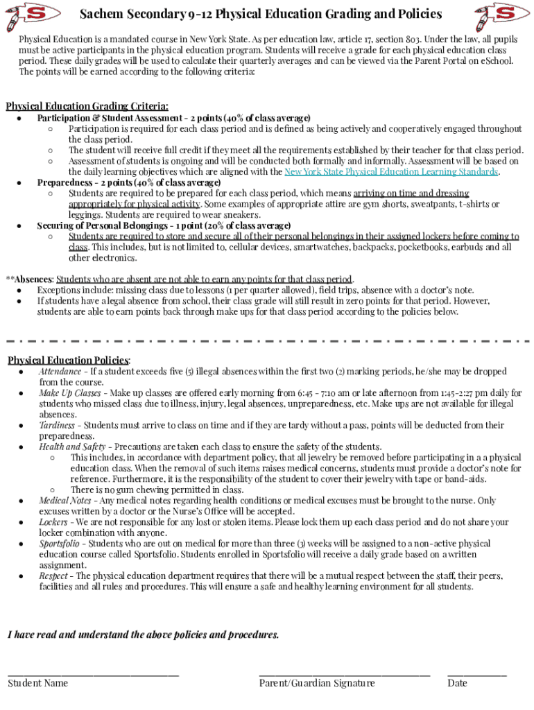 Fillable Online Sachem Secondary 9-12 Physical Education Grading and ...